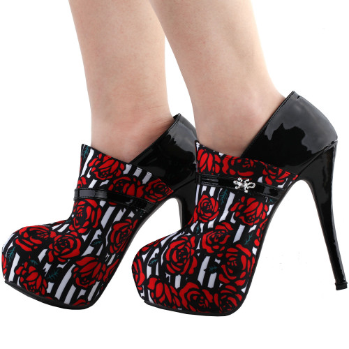 SHOW STORY Black Red Rose Print Stripe Hidden Platform Stiletto Ankle ...