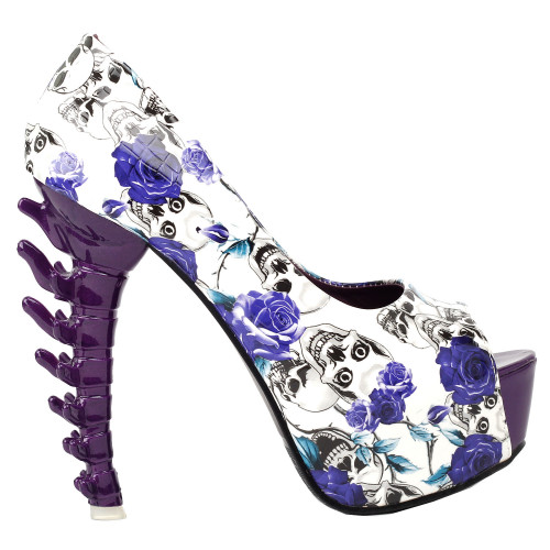 Show Story Skull Rose Print Peeptoe Platform Bone Heel Party Club Pumps ...