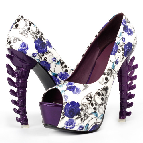 Show Story Skull Rose Print Peeptoe Platform Bone Heel Party Club Pumps ...