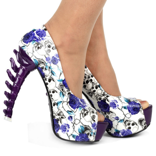 Show Story Skull Rose Print Peeptoe Platform Bone Heel Party Club Pumps ...