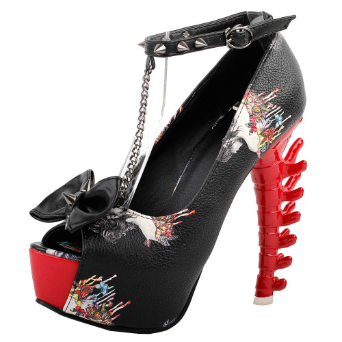 Show Story Skull Rose Print Studs Chain Peeptoe Platform Bone Heel ...