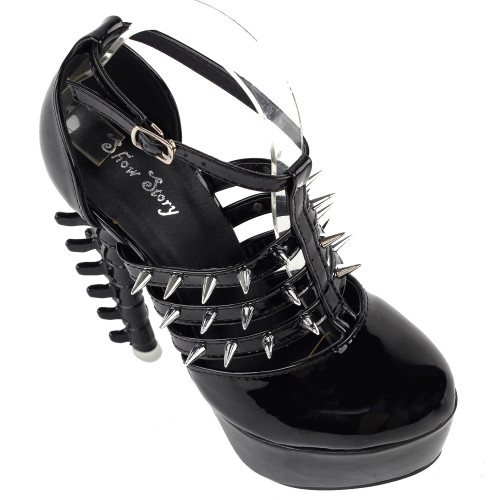 Show Story Punk Black T Strappy Spike Platform Bone Heel Club Sandals ...