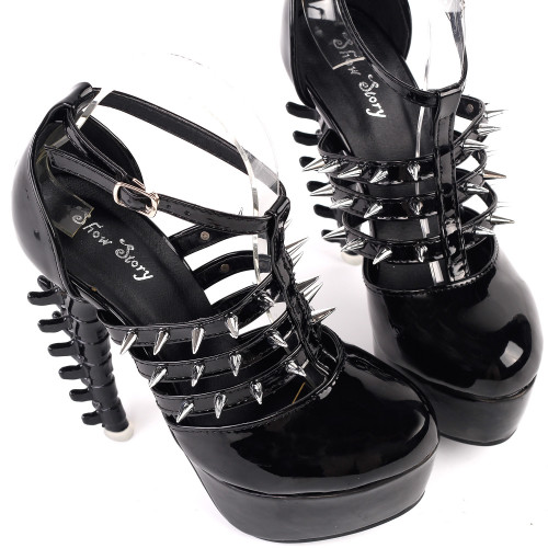 Show Story Punk Black T Strappy Spike Platform Bone Heel Club Sandals ...